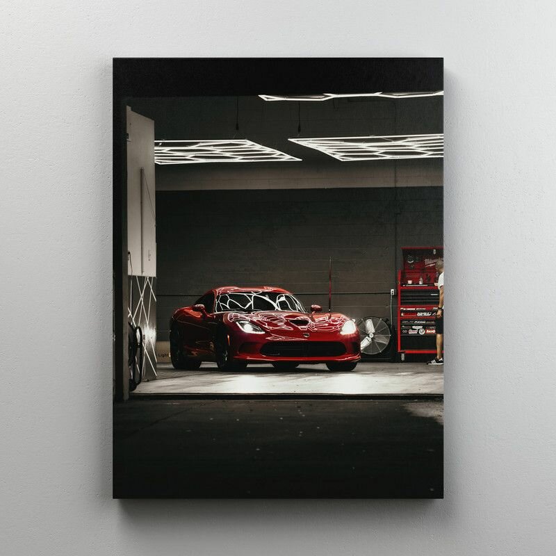 Интерьерная картина на холсте "Красный спорткар в автосервисе - Dodge Viper SRT" размер 22x30 см