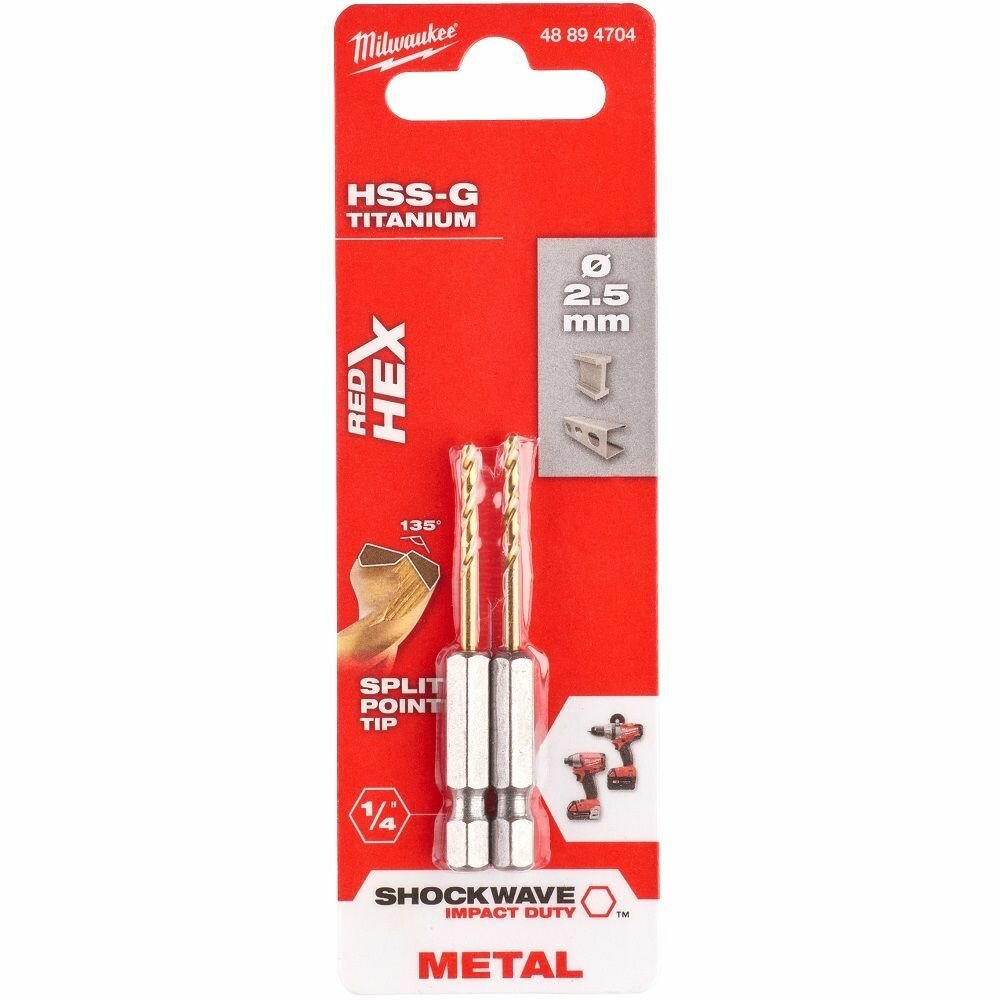 Сверло Milwaukee RedHEX HSS-G TiN по металлу 2,5мм (2шт)