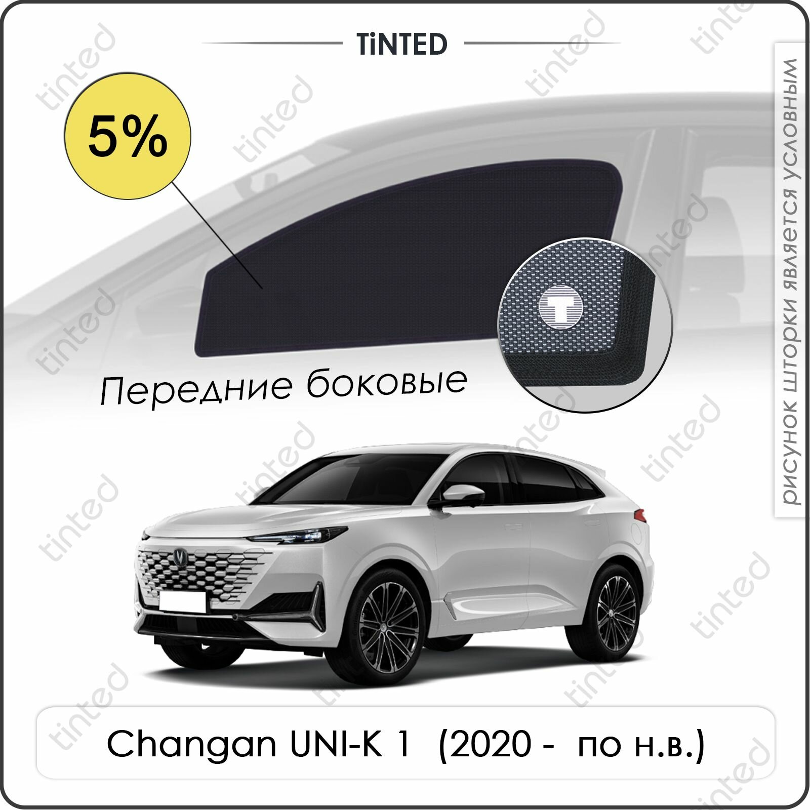 Шторки на автомобиль боковые Changan UNI-K 1 (2020 - по Н. В.) на передние двери 5%, сетки от солнца в машину Чанган Юни-К, Каркасные автошторки Tinted