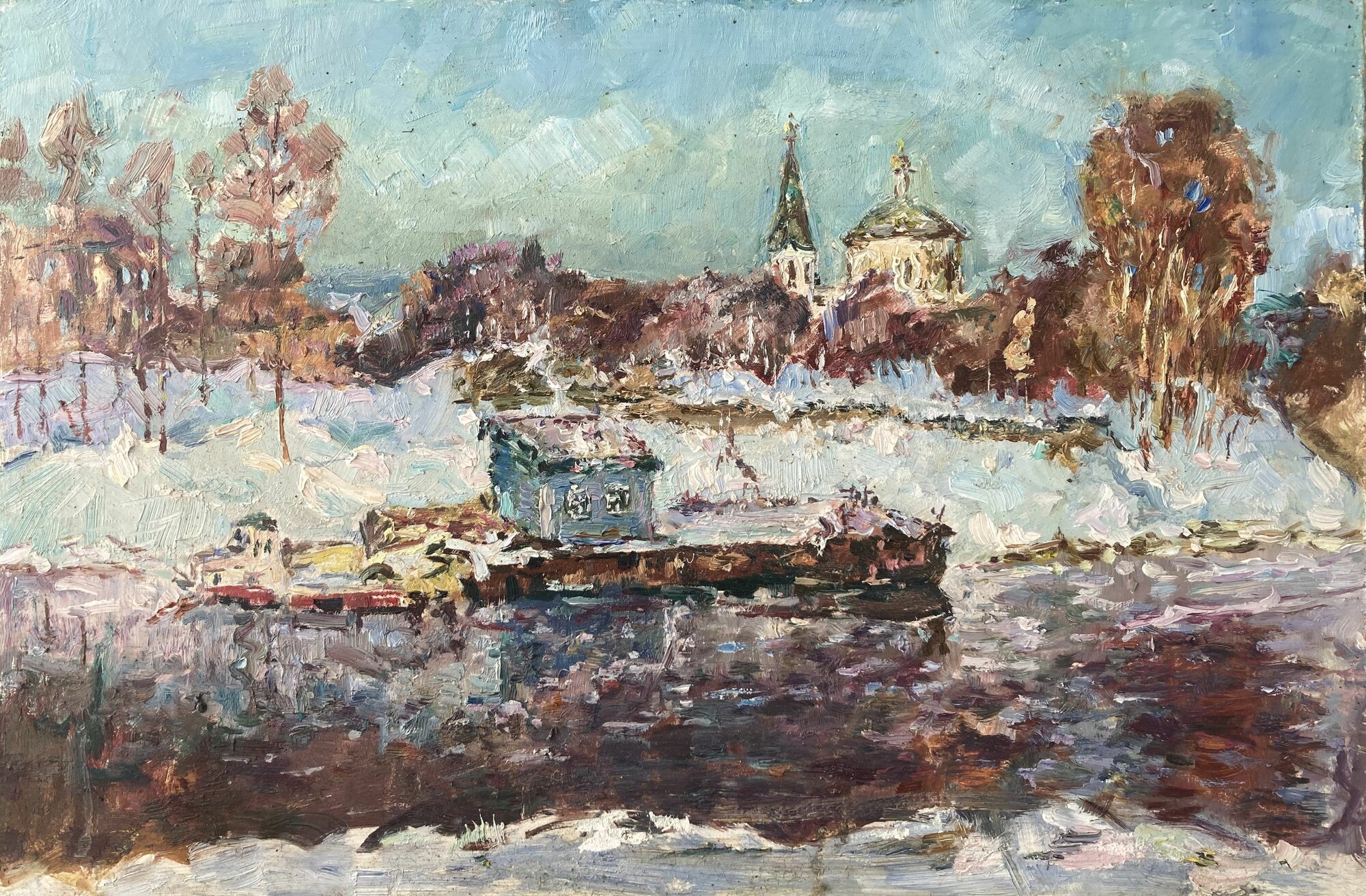 Картина авторская "Пристань на Тверце",40х60 см, оргалит/масло