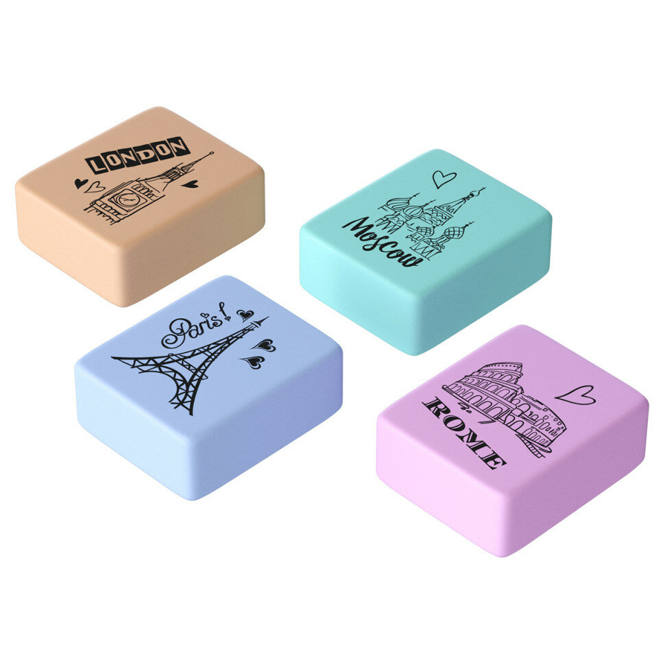 Ластик Berlingo "Capitals", прямоугольный, термопластичная резина, цвета ассорти, 23*19*9мм, 285488