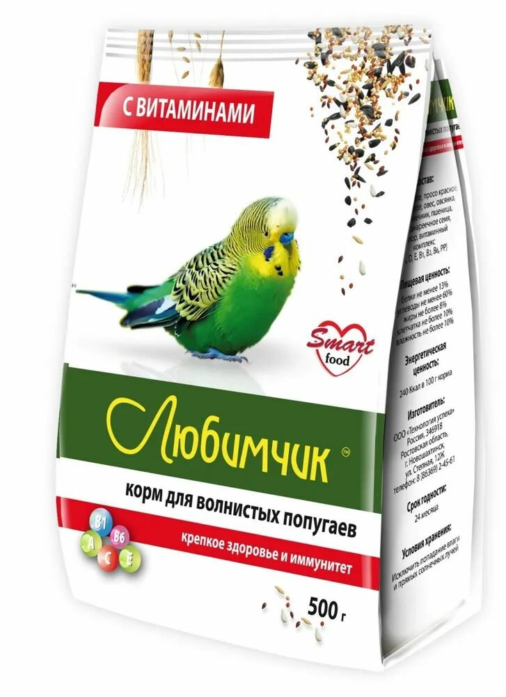 Любимчик Корм сухой для волнистых попугаев с витаминами, 500 г