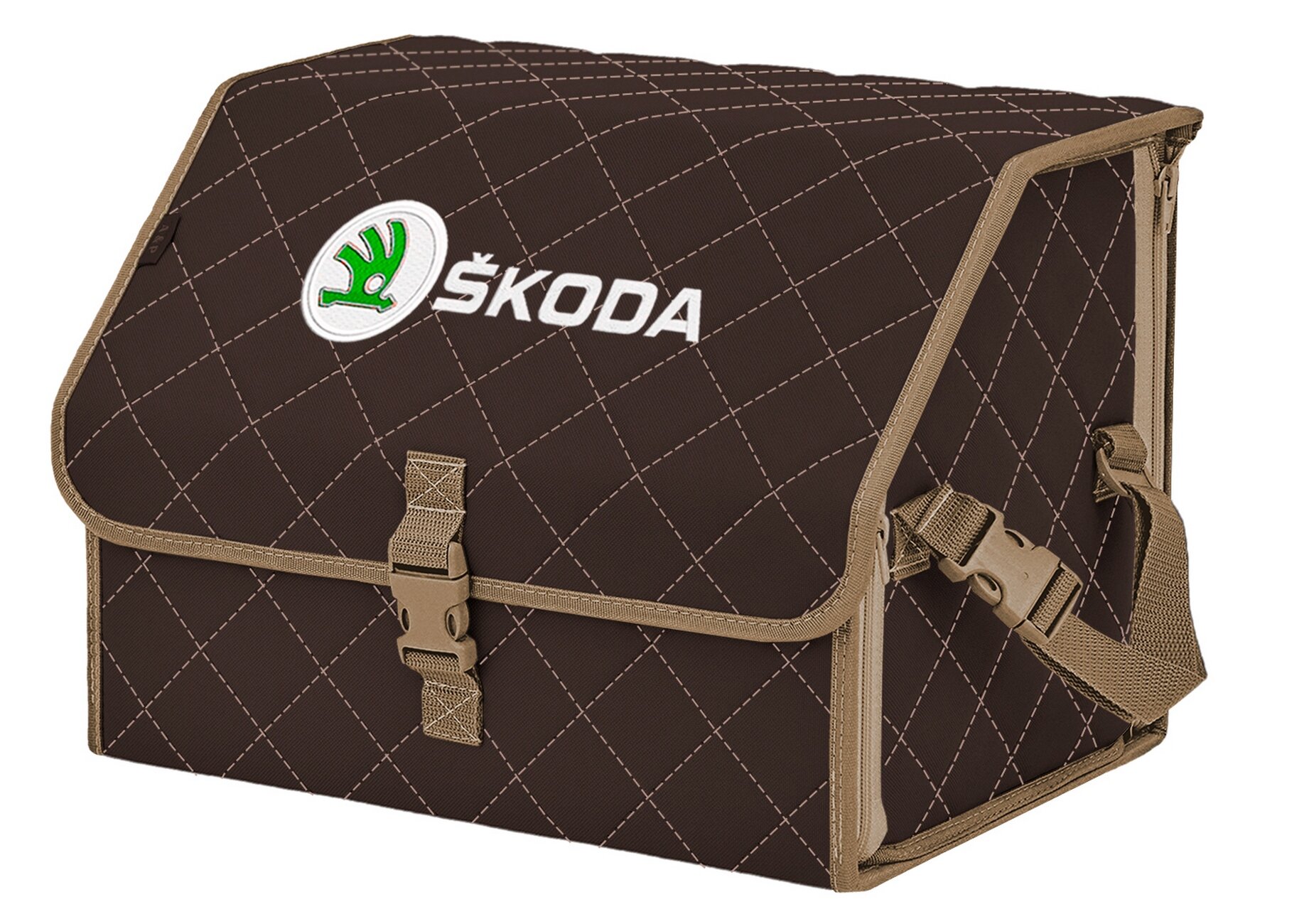 Органайзер-саквояж "Союз" в багажник Skoda (Шкода), размер M. Цвет: коричневый с бежевой прострочкой Ромб.