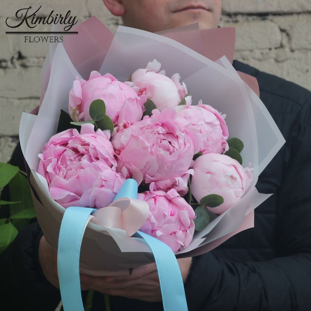 Пионы букет, 7 штук, Сара Бернар, эвкалипт, арт 66 Kimbirly Flowers