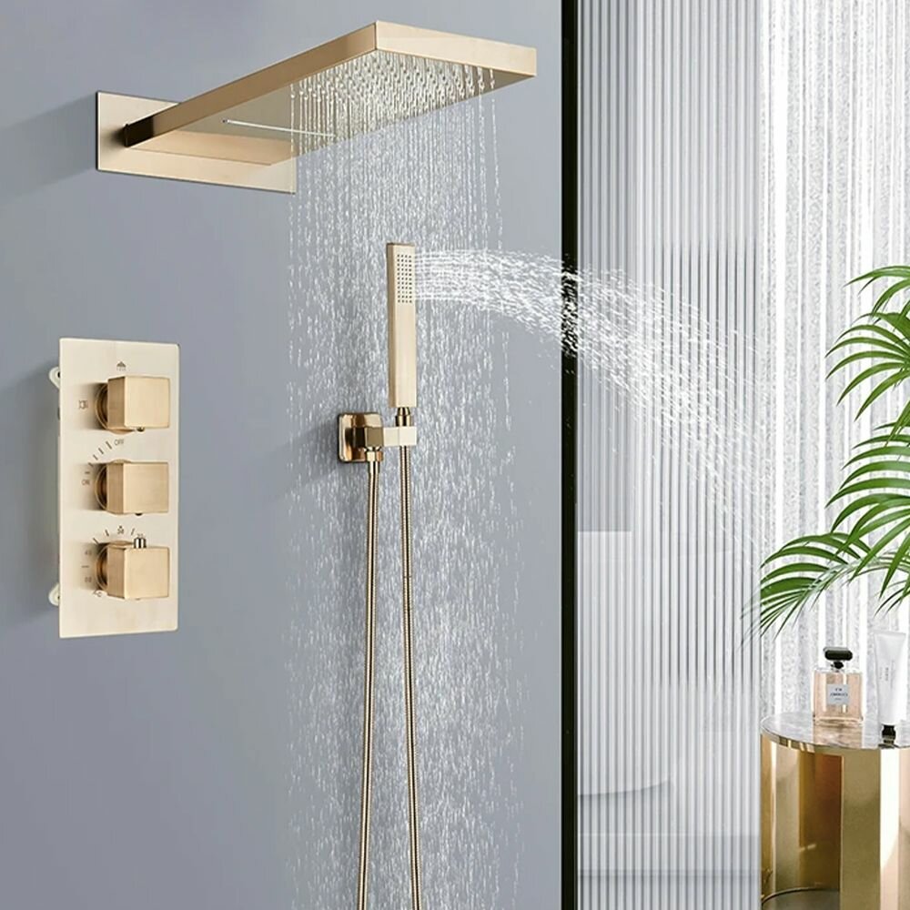 Матовое золото дюймов смеситель для душа в ванной комнате с дождевым водопадом Черная ванна Душевая система Смеситель для настенного монтажа Кран