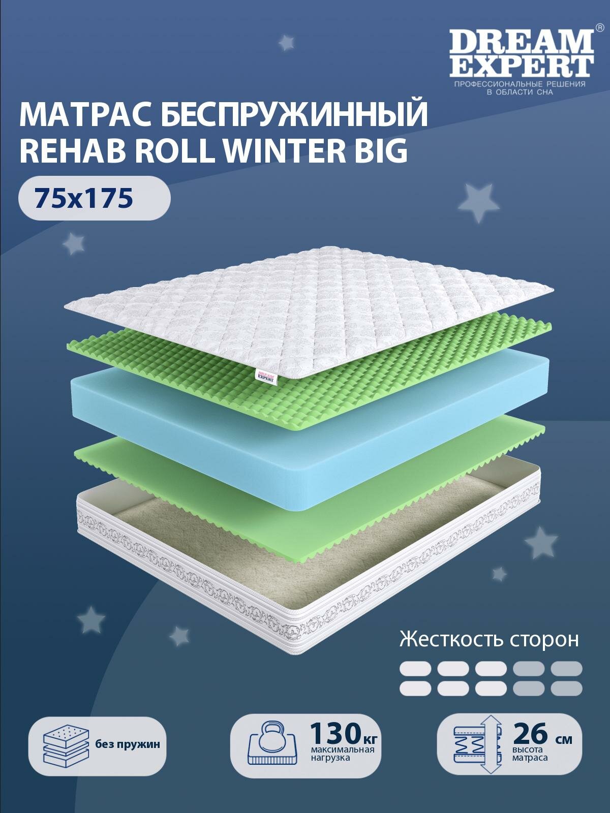 Матрас, Ортопедический матрас DreamExpert Rehab Roll Winter Big средней жесткости, детский, беспружинный, на кровать 75x175