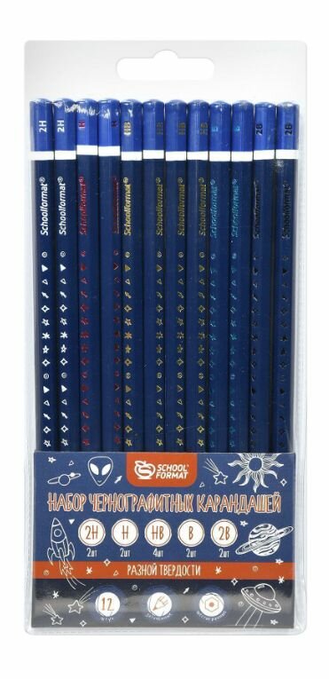 Schoolformat Набор карандашей Чернографитных, 12 шт 2H/H/B/2B - по 2 шт HB - 4 шт, 1 уп
