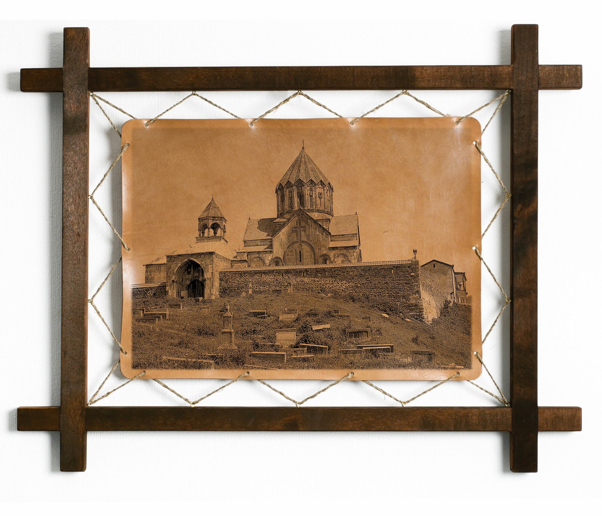 Интерьерная картина из натуральной кожи "Монастырь Гандзасар, Азербайджан", декоративное настенное панно в деревянной раме, BoomGift