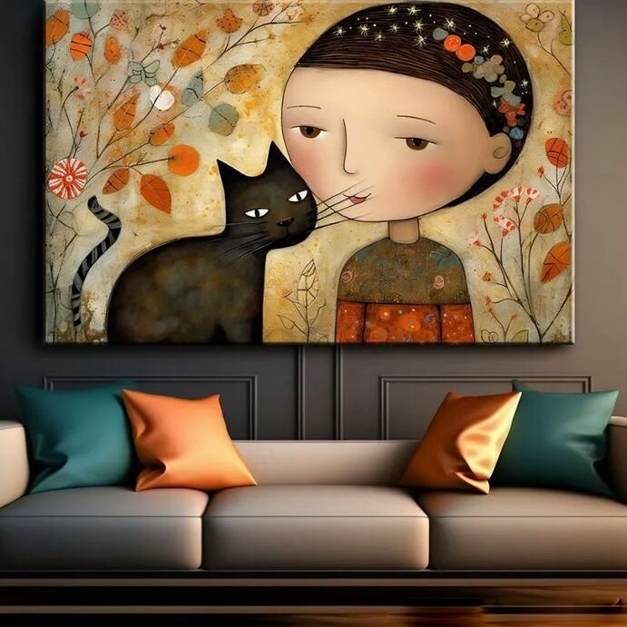 Картина для интерьера на холсте "Девочка и кошка" 60х100 см