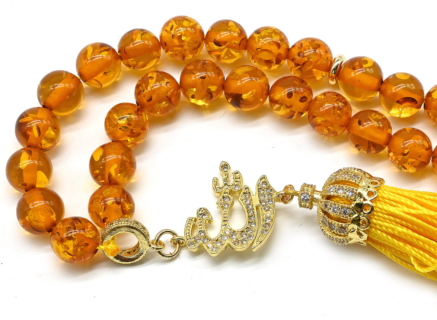 Мусульманские четки "Иероглиф" из янтаря шарик 8мм цв. медовый, 27см, 33 бусины .