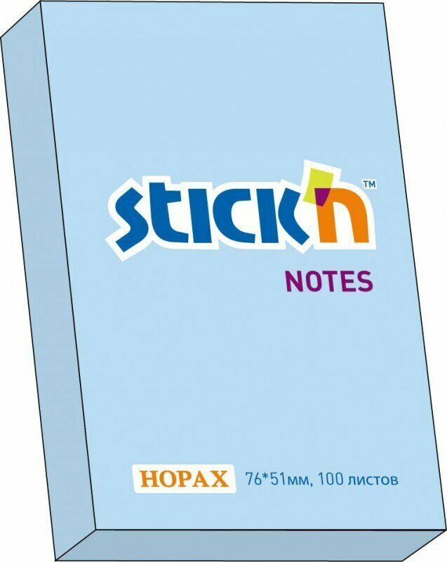 Самоклеящийся блок 76х51мм, 100л, голубой, STICK`N, HOPAX (в упаковке 3 блока)
