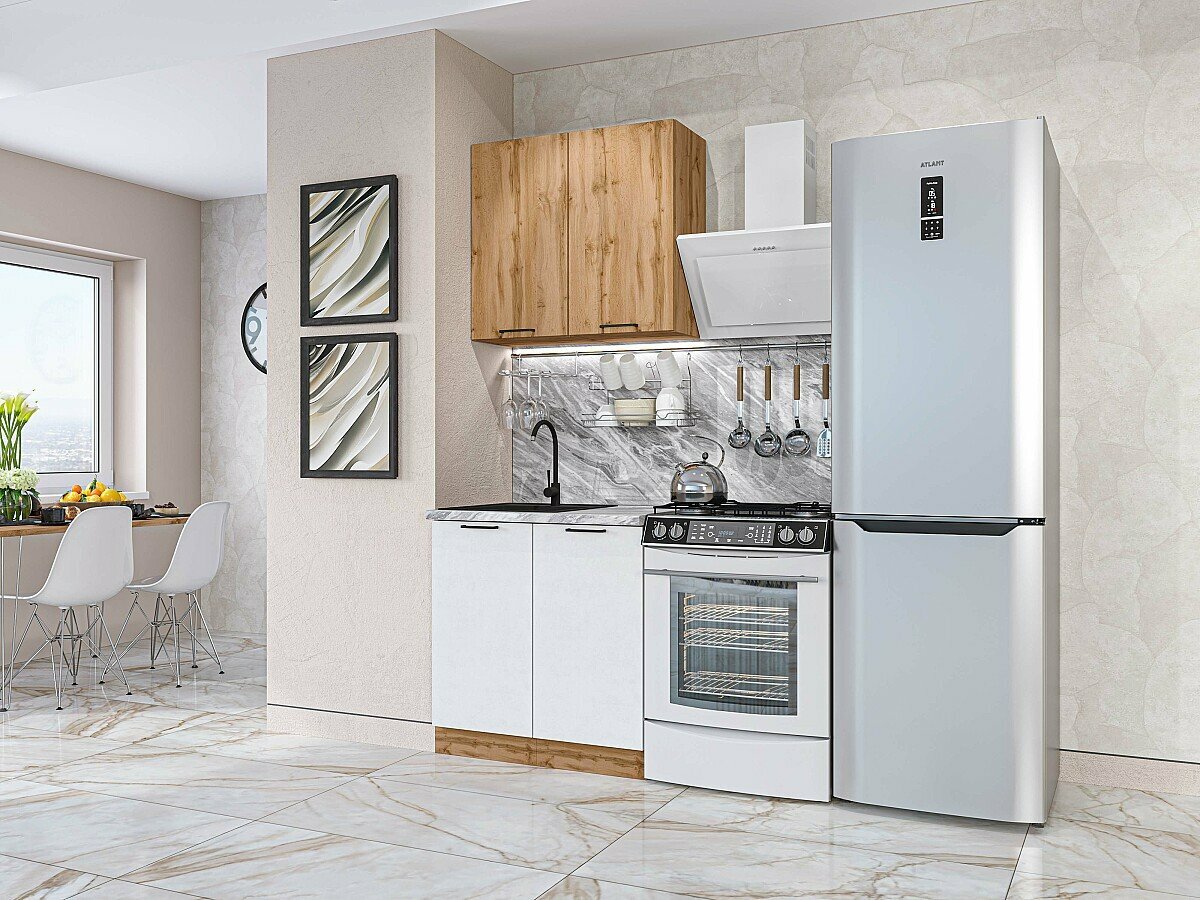 Кухня Флэт-03, цвет фасада Wotan Oak 2S/White In 2S, цвет каркаса Дуб Вотан, 2140*800*600 мм