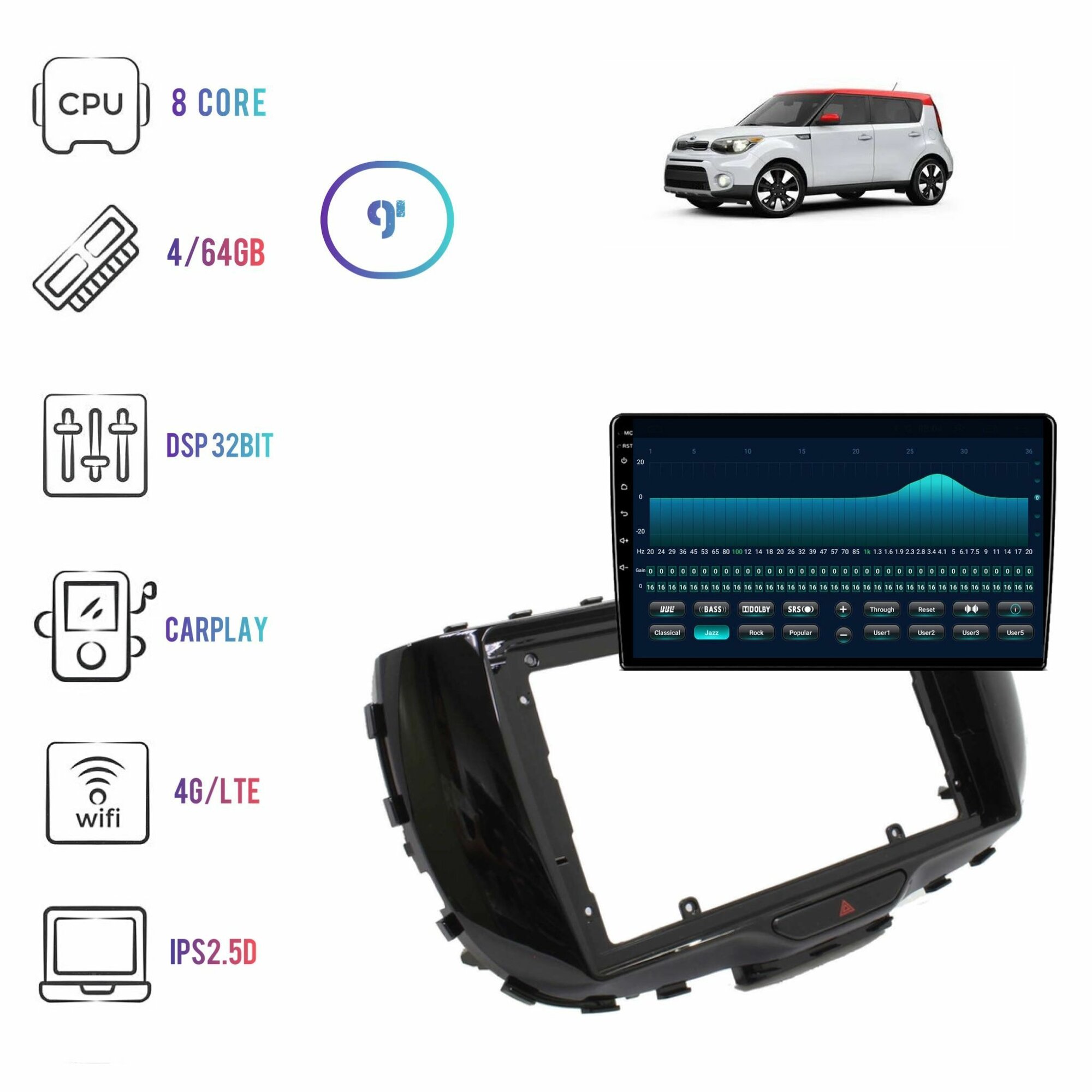 Магнитола для Kia Soul 2018+ MFB (CAN, AMP, CAM, USB) на Андроиде 4+64Gb+8ядер+DSP+CarPlay+4G SIM+IPS2.5D