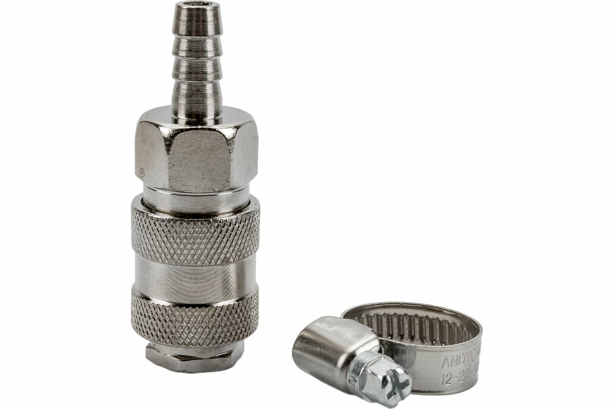 Andycar QR-М08 Муфта быстроразъемная с фиксирующим хомутом под шланг D=8 мм, 10 атм