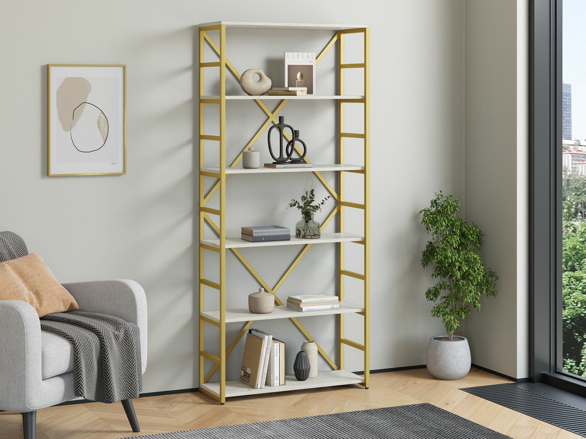 Стеллаж Айсберг Лофт Gold 80/6-2 Золотой с полками дуб крафт белый