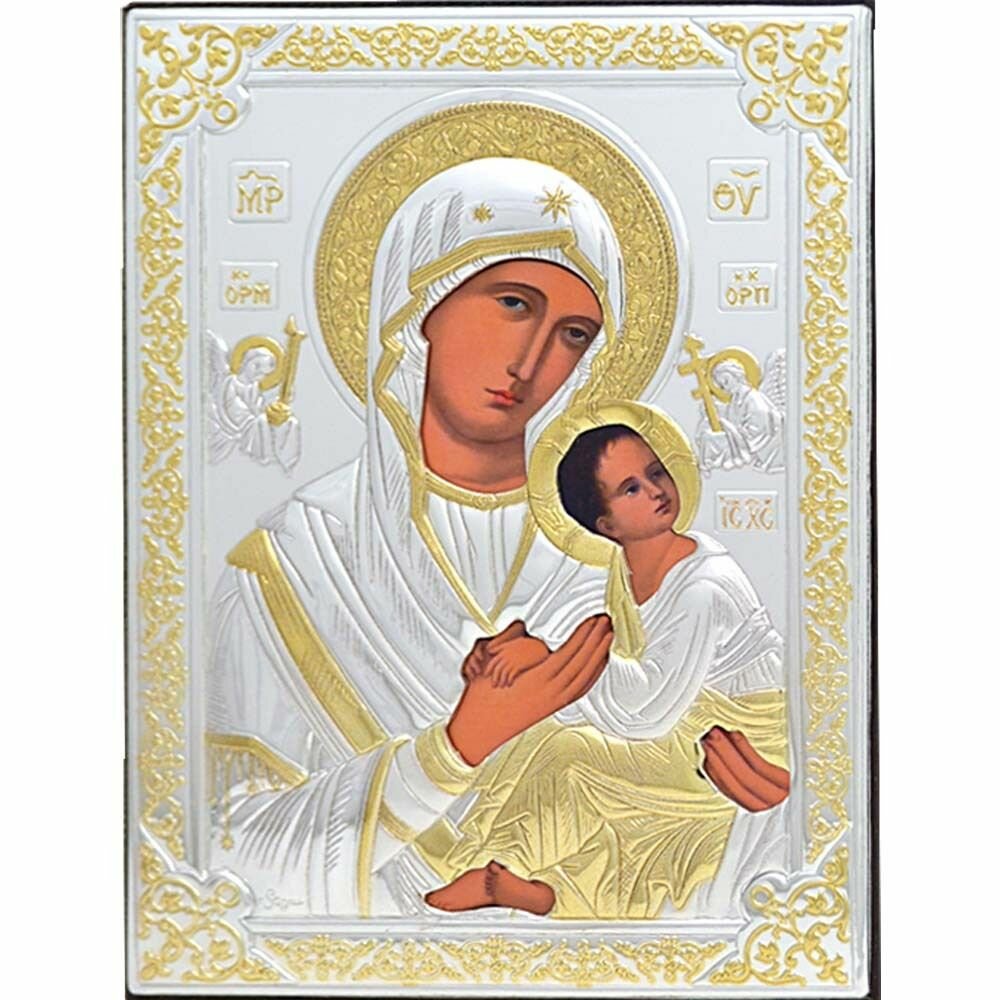 Икона Богородицы "Неустанной помощи" в серебряном окладе. (13,5 х 18,5 см / С позолотой на серебряном окладе)
