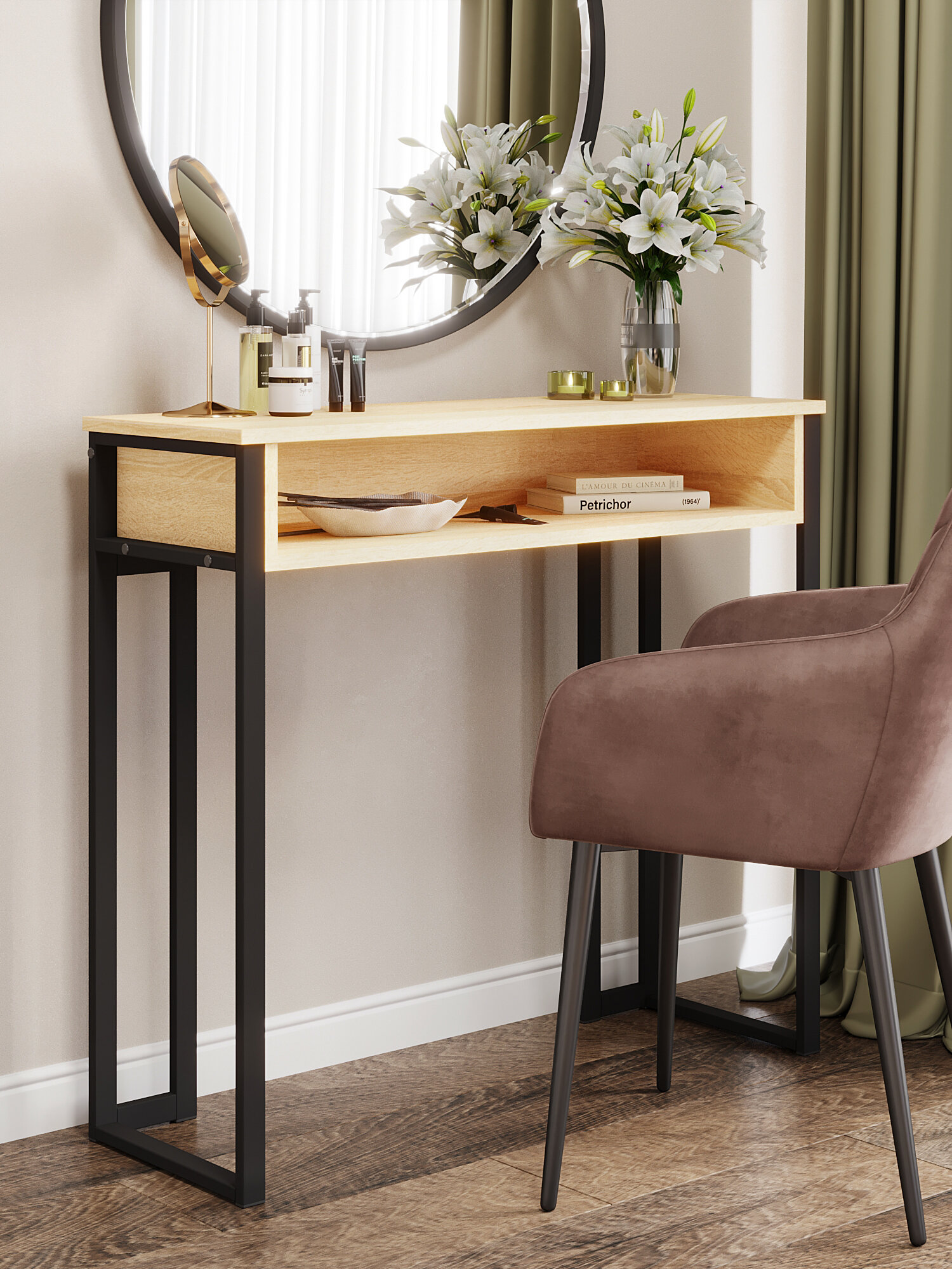 Туалетный столик без ящика, косметический, консоль KM LOFT черный/сонома