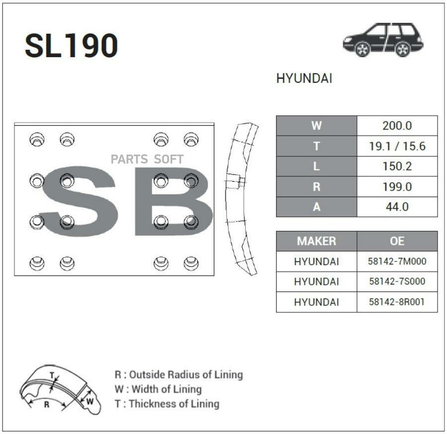 SL190 SANGSIN BRAKE Накладка тормозной колодки HYUNDAI Universe (10-) передней/задней (F2/R2) (шир.200мм,16отв.) SANGSIN