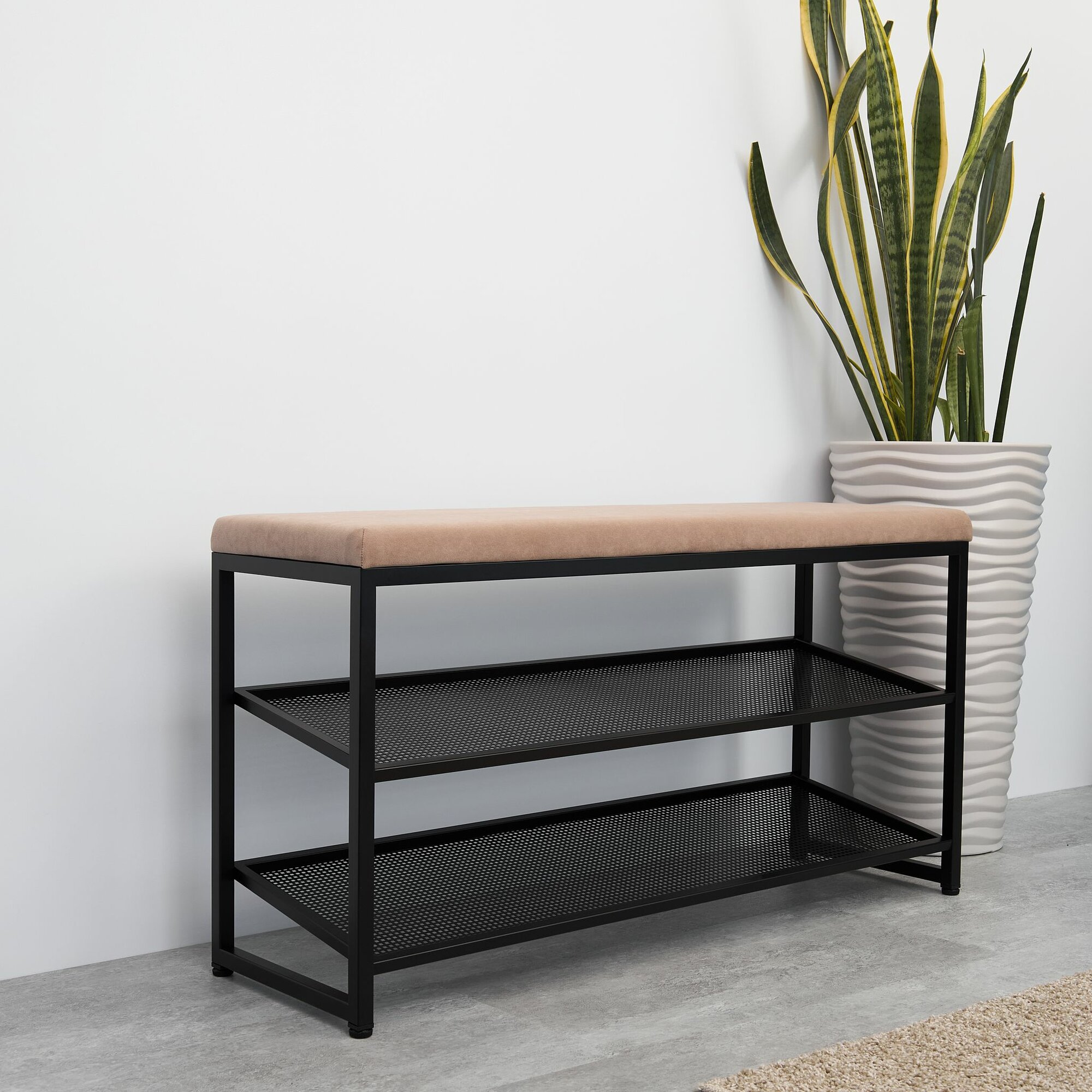 Обувница с мягким сиденьем "Дия" / 100х30х52см / черный каркас - темно-бежевый велюр