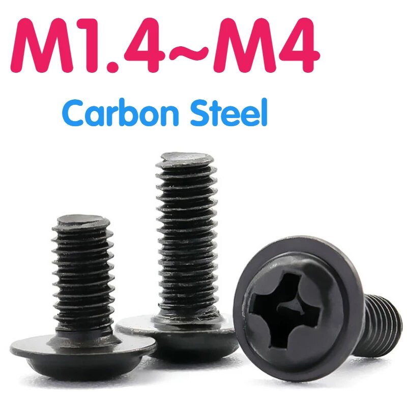 M1.4 M1.7 M2 M2.5 M3 M3.5 M4 черная углеродистая сталь поперечная панорамная головка с шайбой поперечная паза фланцевый болт 20/30/50/100 шт.