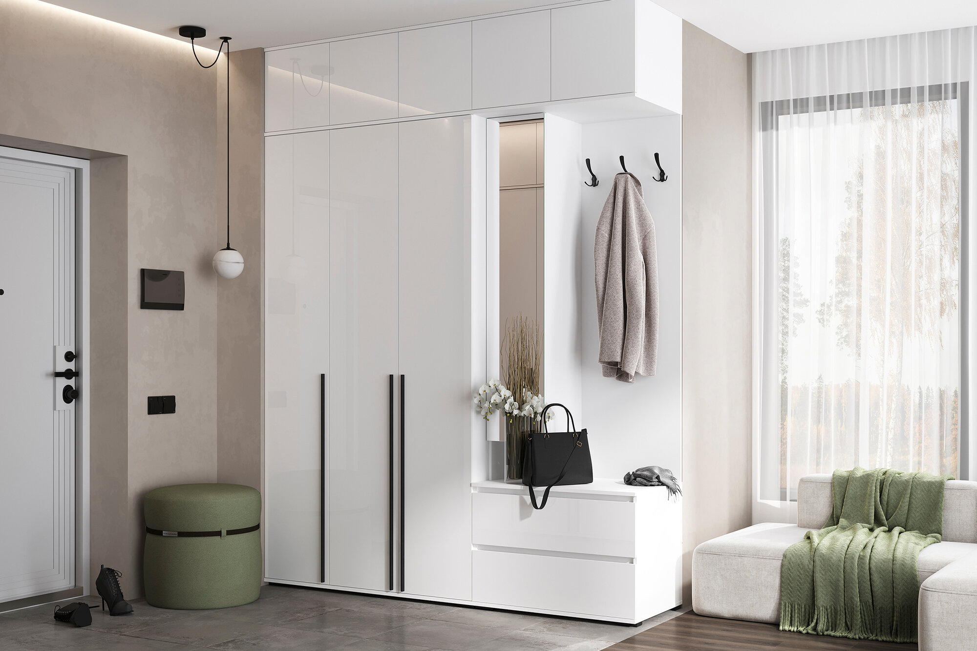 Стенка в прихожую с антресолью Нонтон Норд №1, 200x51x265 см, белый / белый глянец холодный