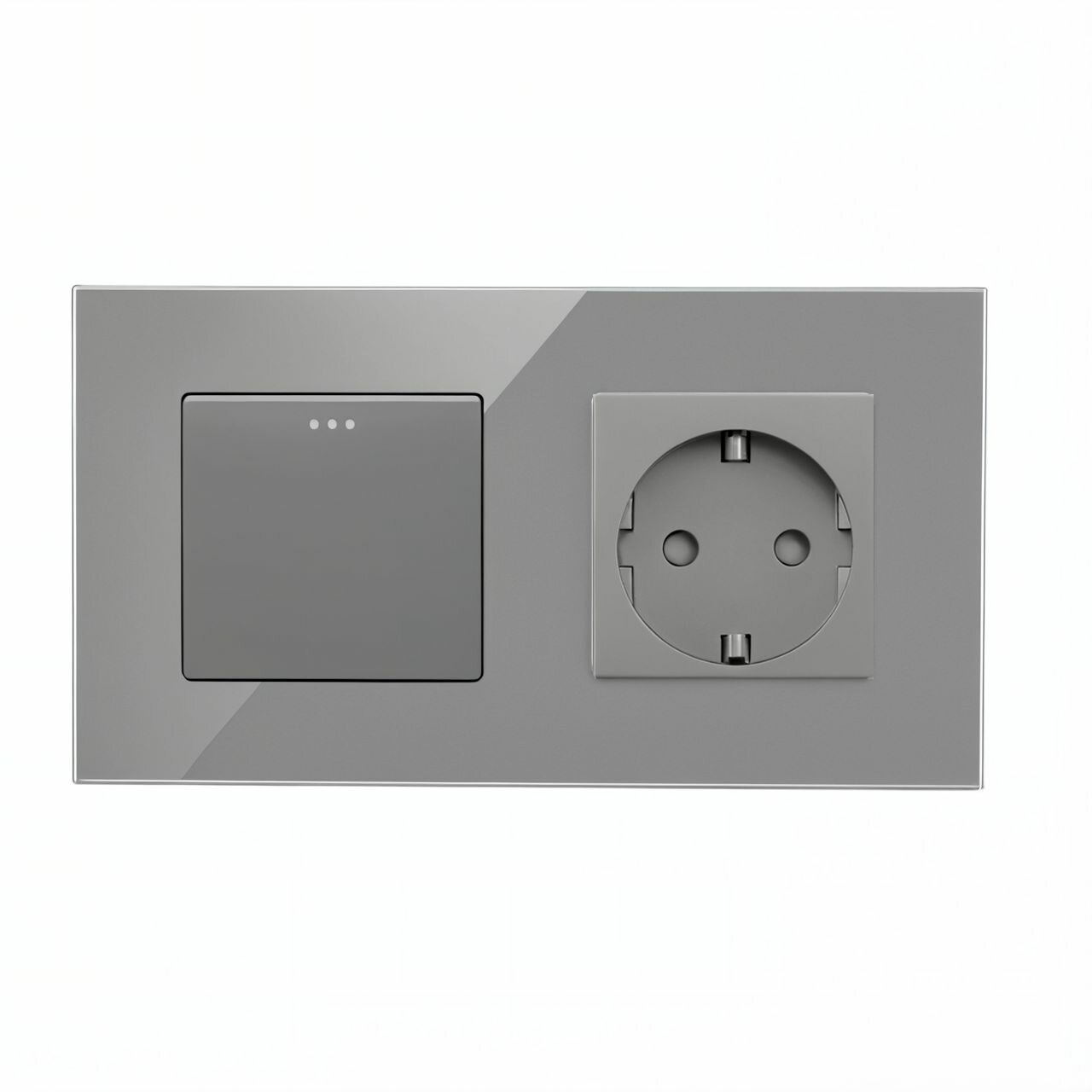 Выключатель с розеткой, 1 клавиша 1 розетка, 2 поста (М1+1F) рамка стекло 157х86мм цвет серый
