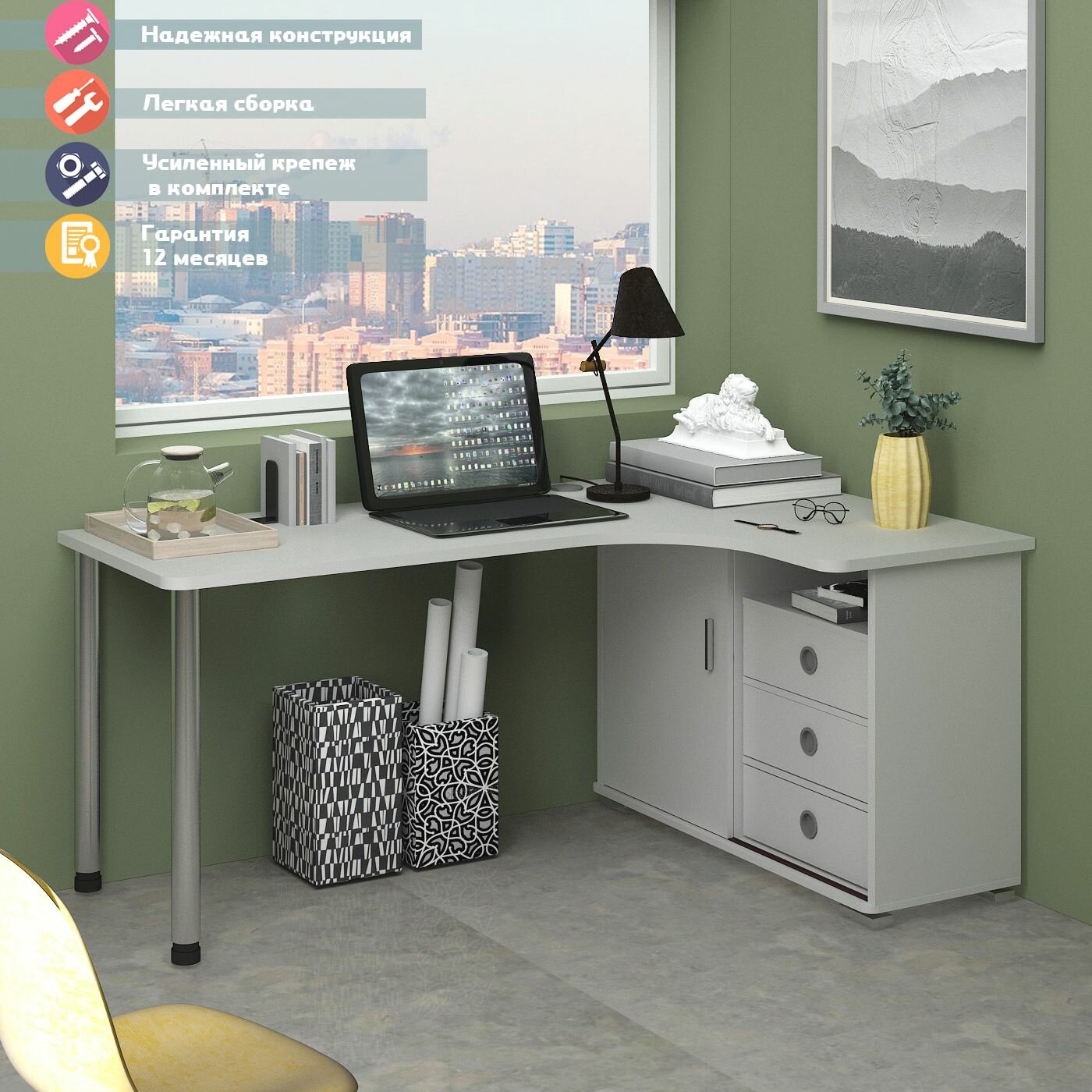 Стол компьютерный Мэрдэс СР-185СМ бе-прав Белый, с ящиками, угловой