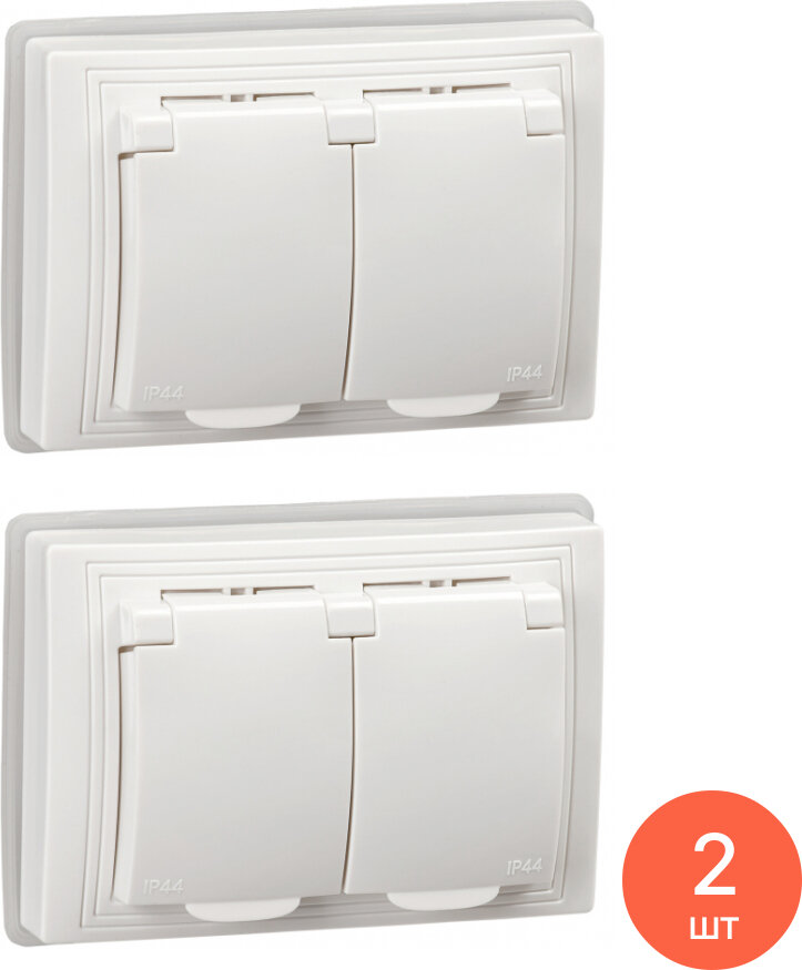 Розетка силовая штепсельная IEK / ИЭК Кварта РСбш12-3-КБ-44, 16А IP44 белый с защитными шторками и крышкой двухместная, / электрооборудование (комплект из 2 шт)