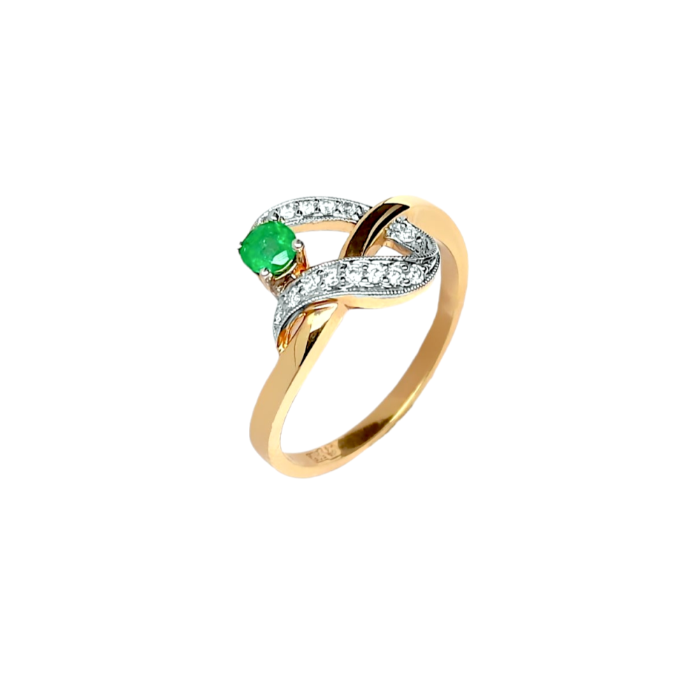 Кольцо дорожка, красное золото, 585 проба, родирование, изумруд, бриллиант