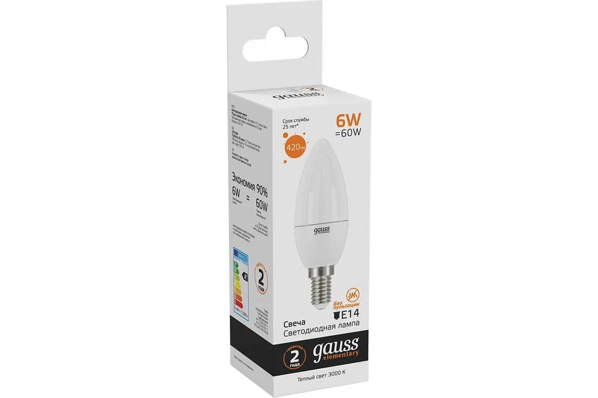 Лампа светодиодная GAUSS Elementary Свеча 6W 420lm 3000K Е14