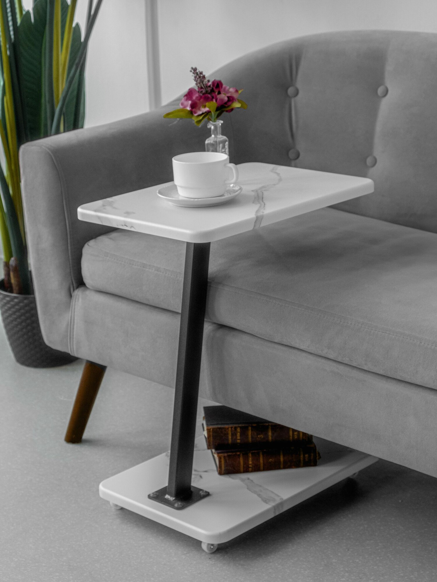 Столик журнальный подкатной Mr. Koff, МДФ, металл, прямоугольный, на колесиках, белый мрамор, 30х45х55 см