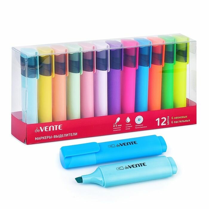 Маркеры-выделители deVENTE 12 цветов, 6 неоновых и 6 пастельных, плоский корпус