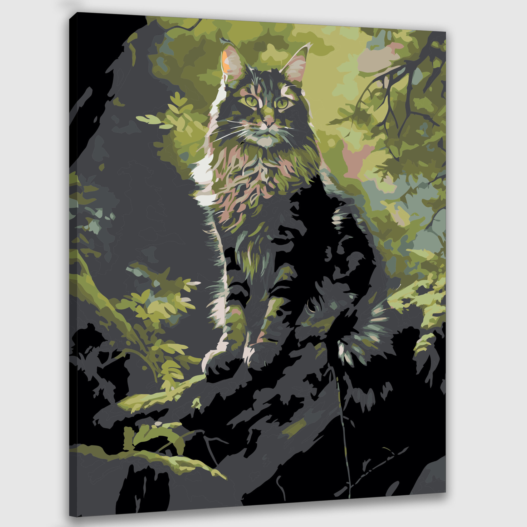Картина по номерам 40x50 см, картина, масло, кошка, мейн-кун, ветка, дерево, шерсть, ветер, лес, листва, свет