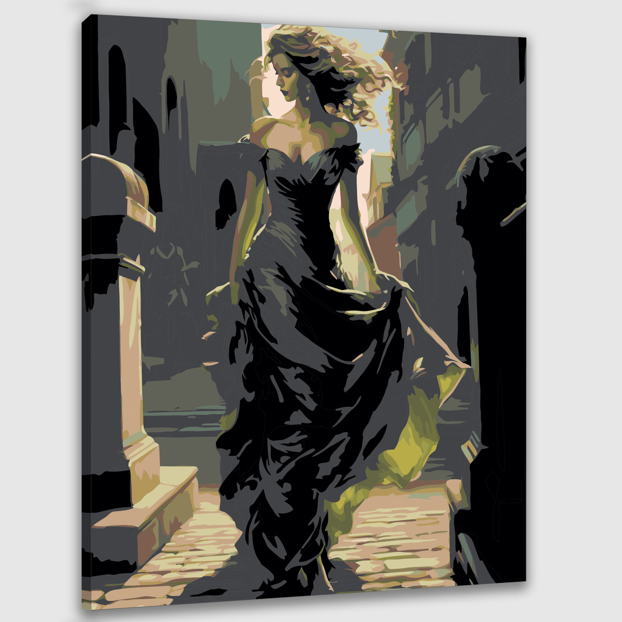 Картина по номерам 40x50 см, фотография, женщина, зеленое платье, высокое разрешение, мощеная улица, наряд