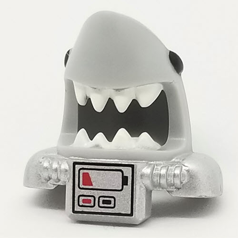 Minifigure, Headgear Mask Shark Head with Open Mouth with White Teeth, Black Eyes, Metallic Silver Shoulder Pads and Front Panel and Battery Pattern, 25113pb03 Light Bluish Gray U