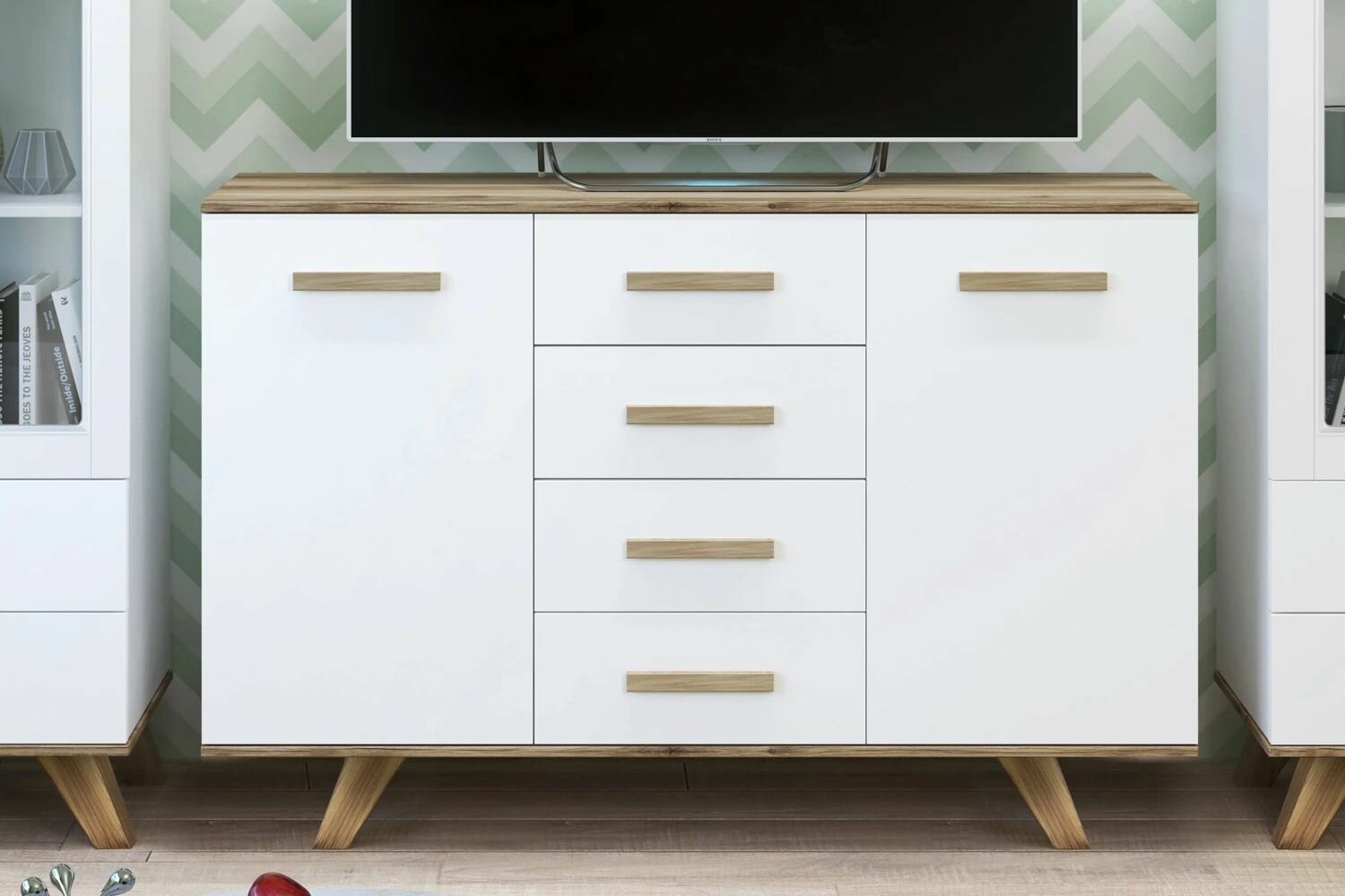 Комодино Вега Скандинавия, 896x1350x404, цвет Белый, Дуб Каньон, глянец белый