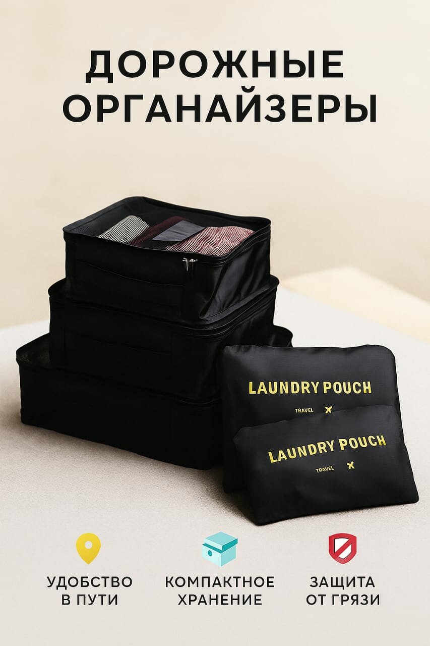 Органайзеры для перевозки МелочьМаркет "Secret Pouch", полиэстер, 6 штук, чёрный