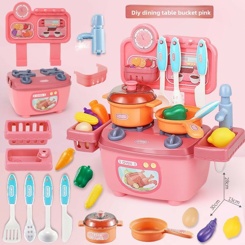 Realistic plastic kitchen play set with pretend cooking accessories for kids and family fun, pink