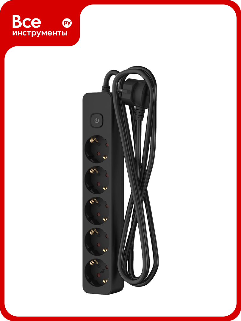 Сетевой удлинитель фотон 2 м, 5 розеток, 16А, с выкл, с заземлением черный 22729, 3х1,0мм, из термоустойчивого