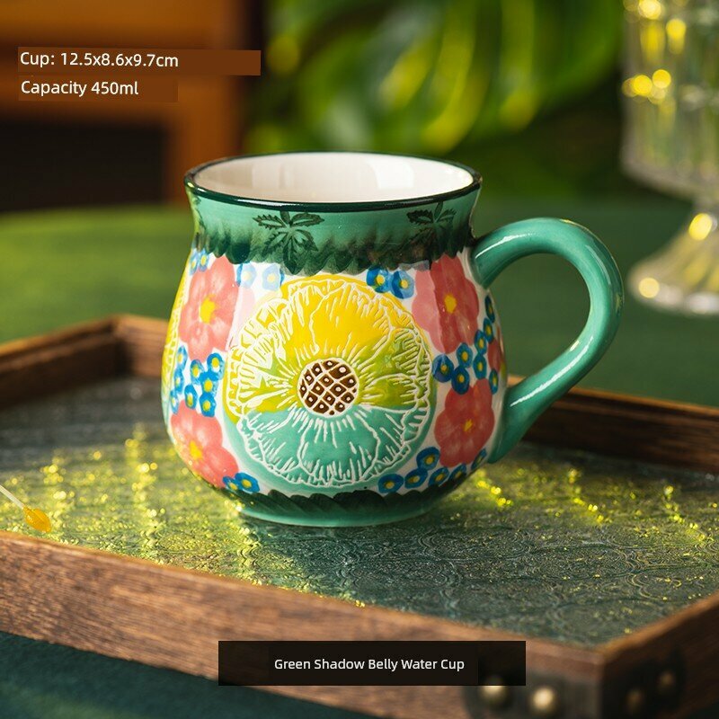 Ретро зеленая керамическая кружка с большим объемом, идеальная для завтрака или чая, ручная работа