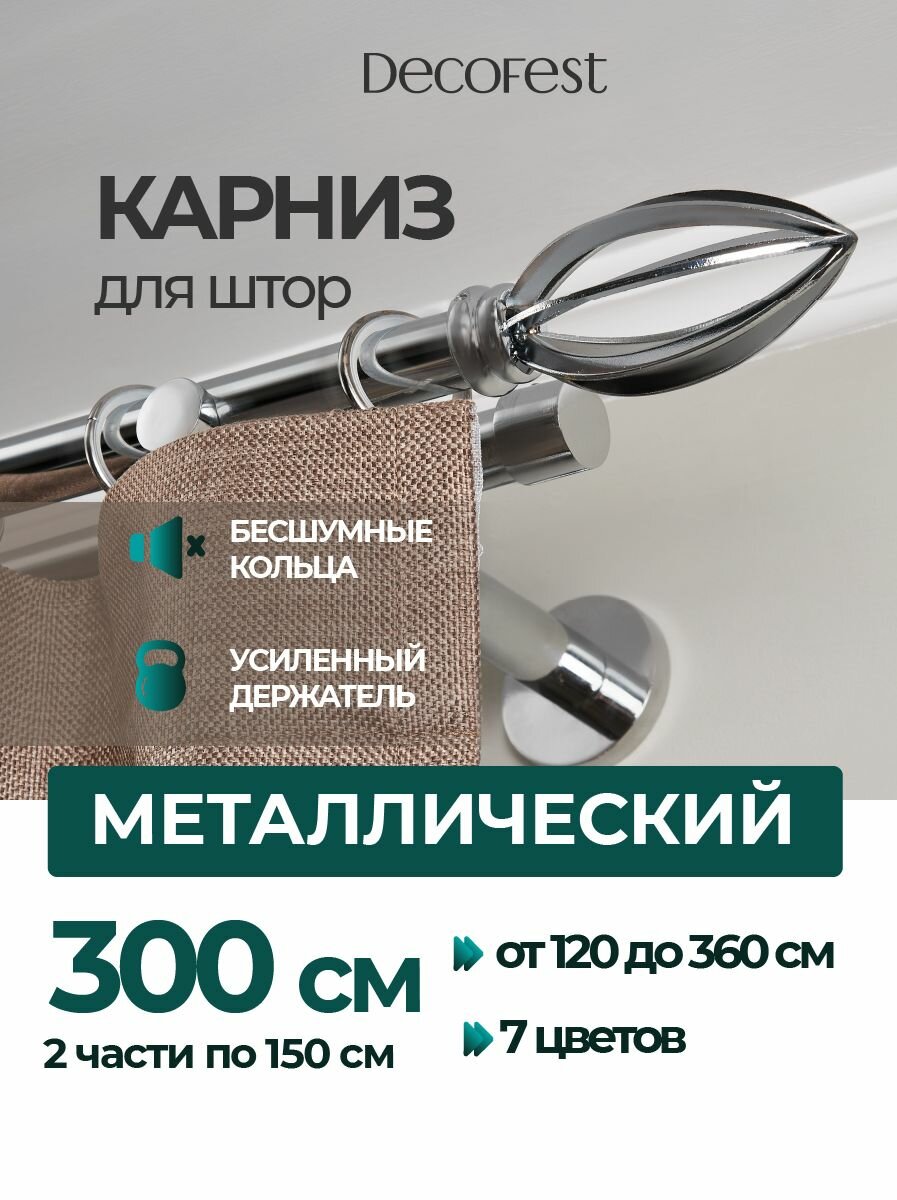 Карниз для штор двухрядный металлический составной 300 см SET Бутон Хром, гардина настенная