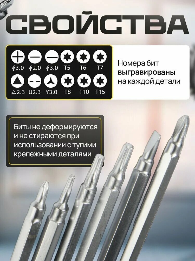 Набор отверток с 6 двусторонними битами, 12 типов наконечников, длина 150 мм, магнитные наконечники — фото 1