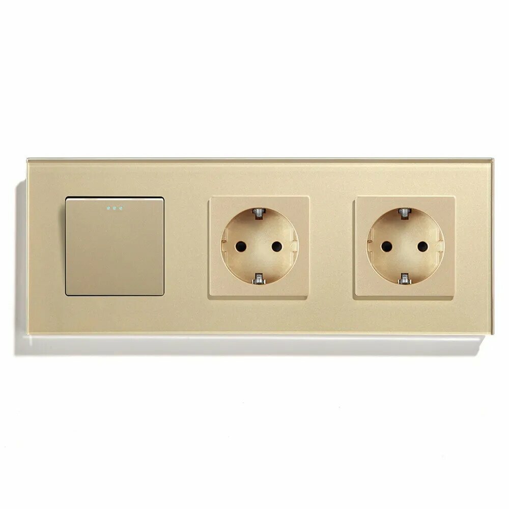 Розетка с одноклавишным механический выключателем, 3 поста, 1 клавиша 2 розетки, рамка стекло Золотой 228mm
