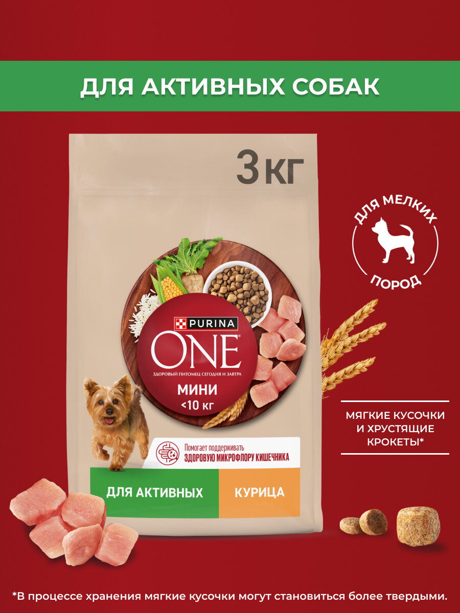 Сухой корм Purina ONE® мини для активных собак мелких пород с курицей и с рисом, 3 кг