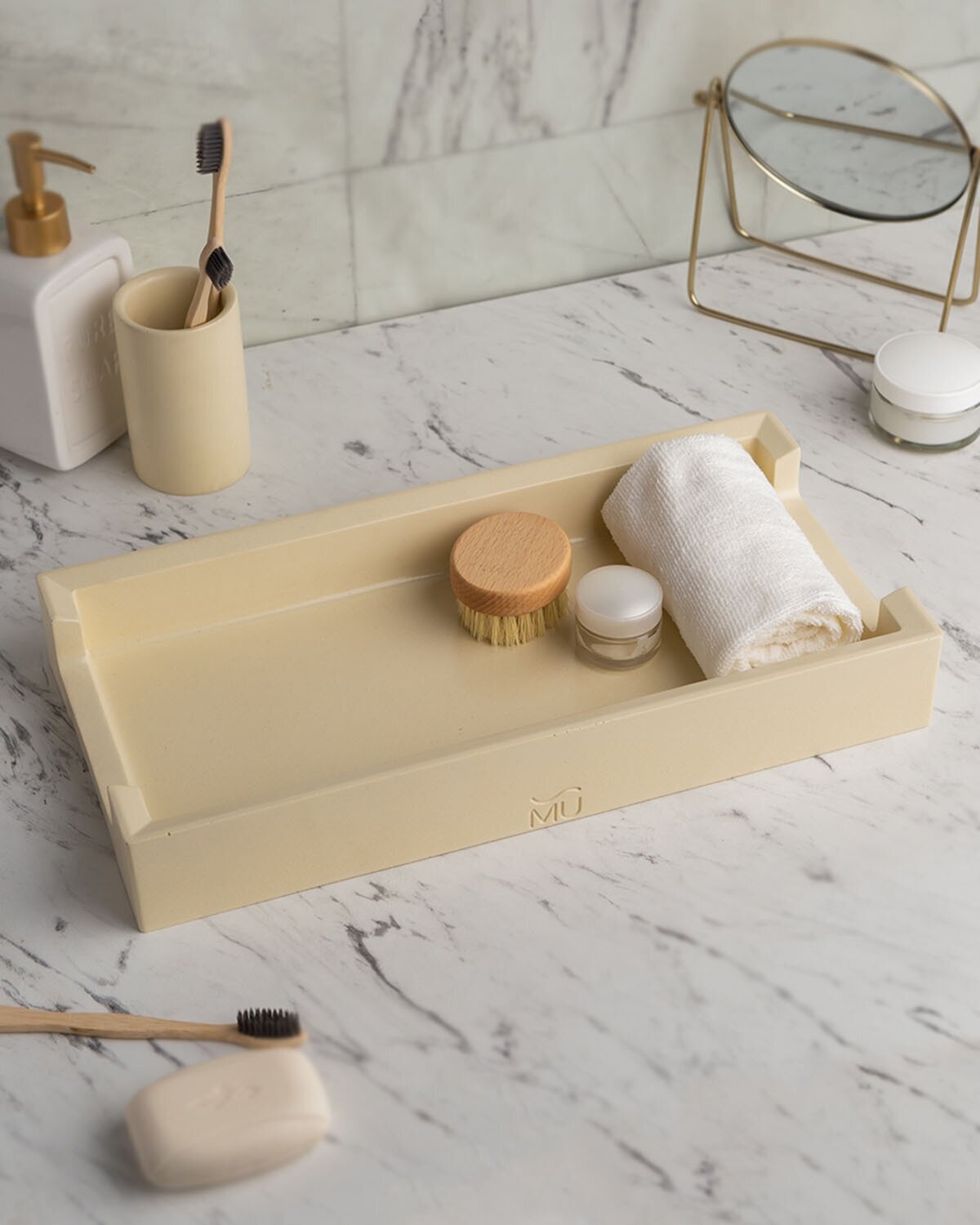 Декоративный поднос для ванной, подставка для косметики James Long S GL, 40x20 см, бетон, кремовый глянцевый