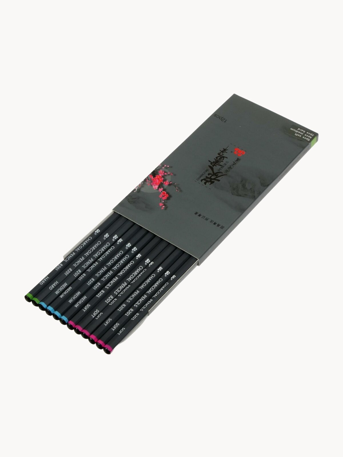 Карандаши угольные черные 12 штук в наборе (6 шт-мягкий,4 шт-средний,2 шт-твердый)