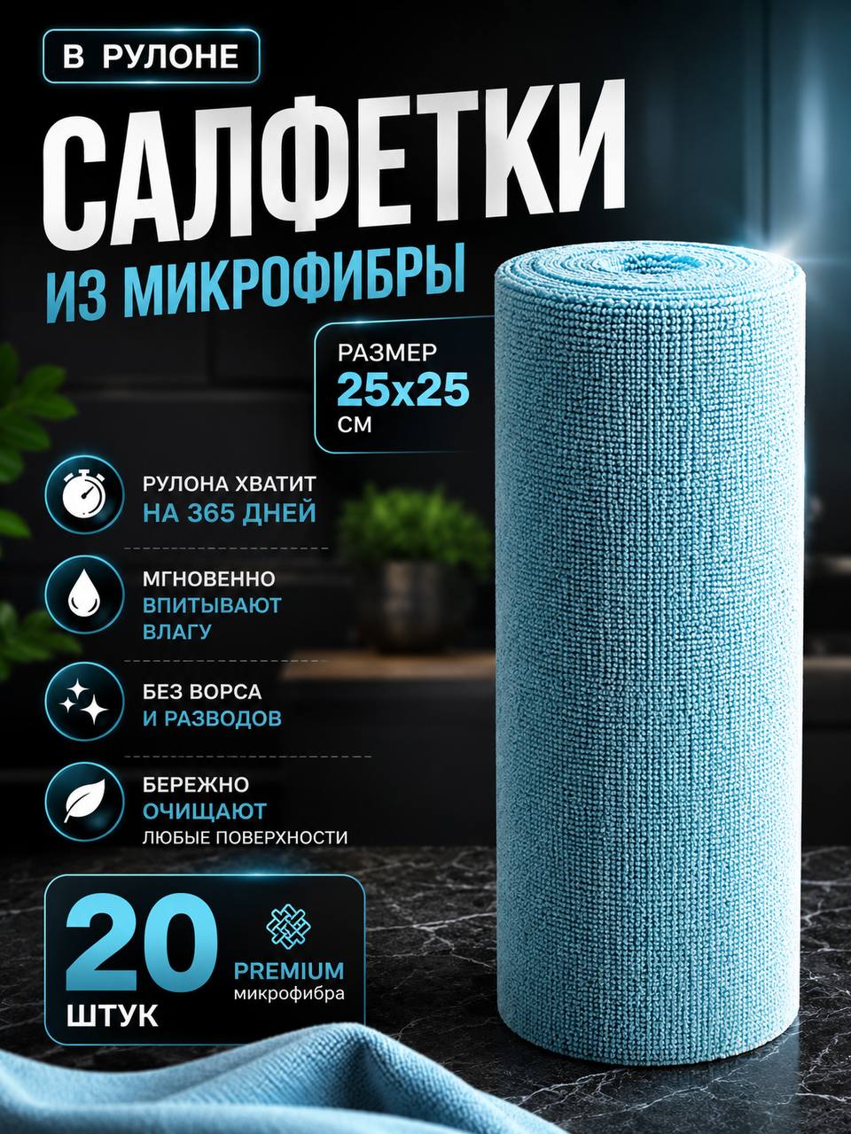 Салфетки для уборки, бирюзовый, 25х25 см, 20 шт.