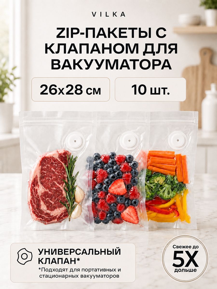 Зиппакеты Премиум с клапаном для вакууматора 26*28, 10 шт