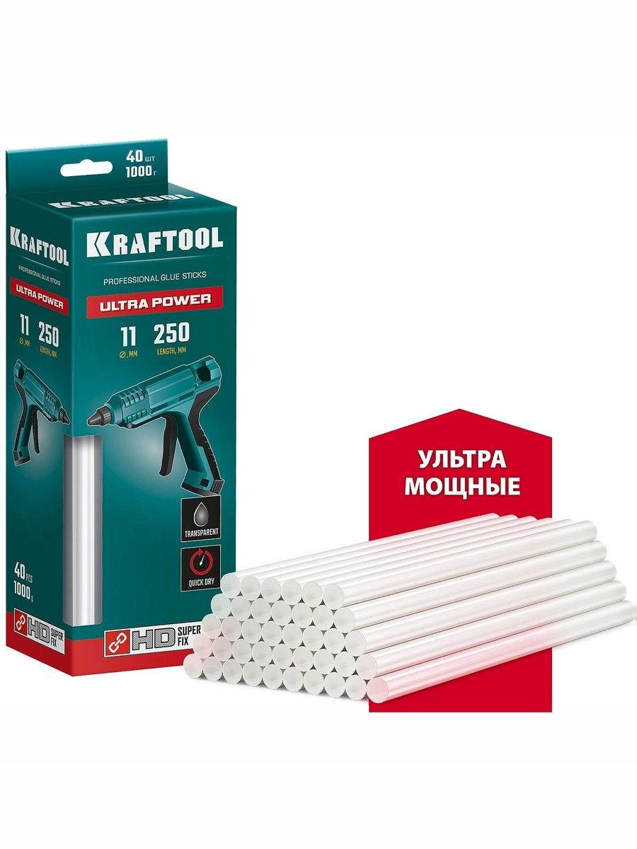 Клеевые стержни прозрачные упаковка 40 шт. KRAFTOOL Ultra Power, 11х250 мм, 06848-40