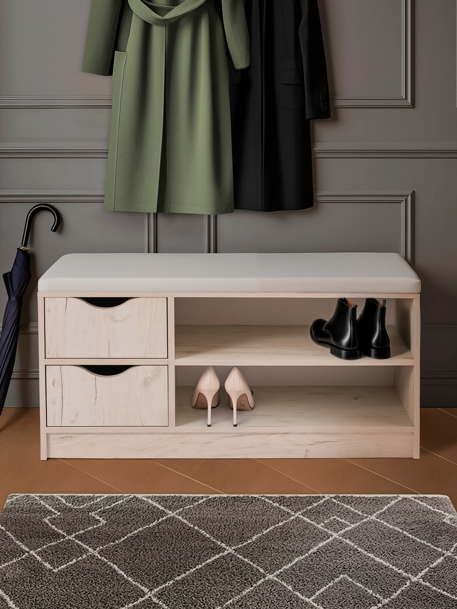 Тумба для обуви с сиденьем "Деко 1", ЛДСП Дуб крафт белый, обувница с ящиками, дуб крафт белый, 96х32,4х55 см.